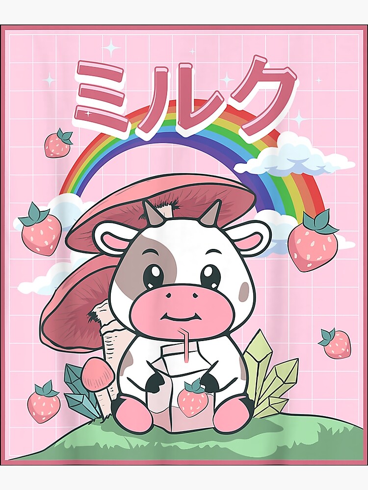 "Cottagecore Aesthetic Kawaii Cow Strawberry Milk" Art Print for Sale ...