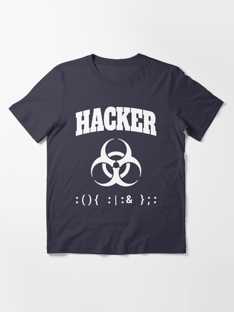 "Computer Hacker T-Shirt - White Biohazard Sign & Bash Fork Bomb" T ...