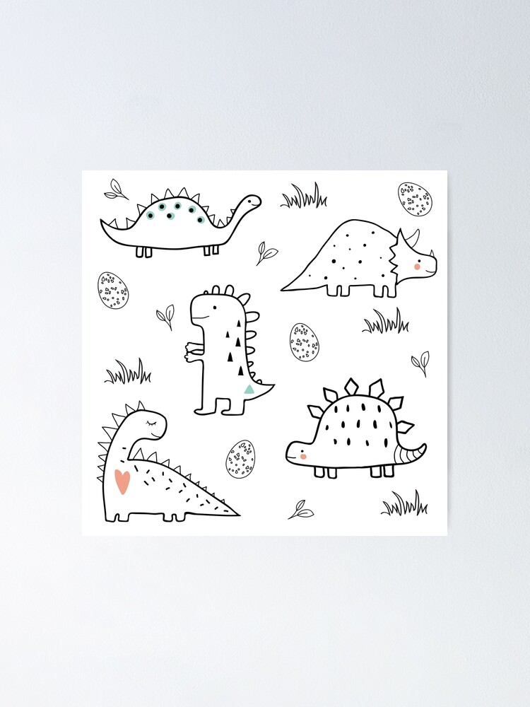 "Cute Dinosaur line art pattern (Black and White)" Poster for Sale by ...
