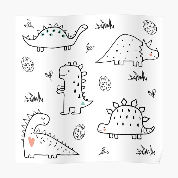 "Cute Dinosaur line art pattern (Black and White)" Poster for Sale by ...