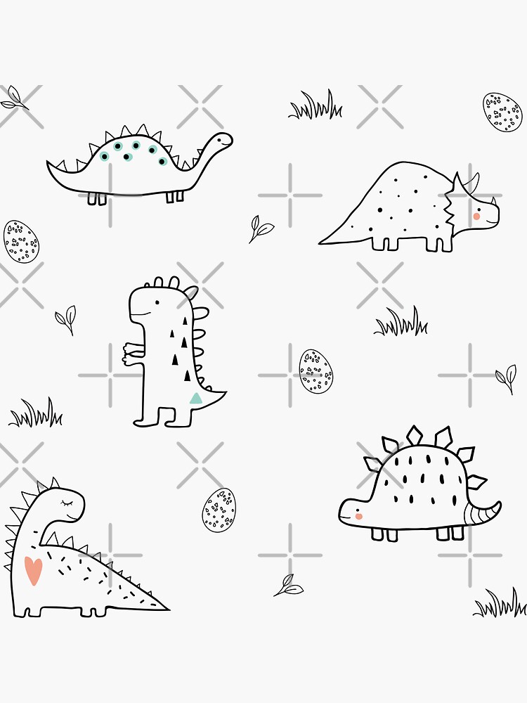 "Cute Dinosaur line art pattern (Black and White)" Sticker for Sale by ...