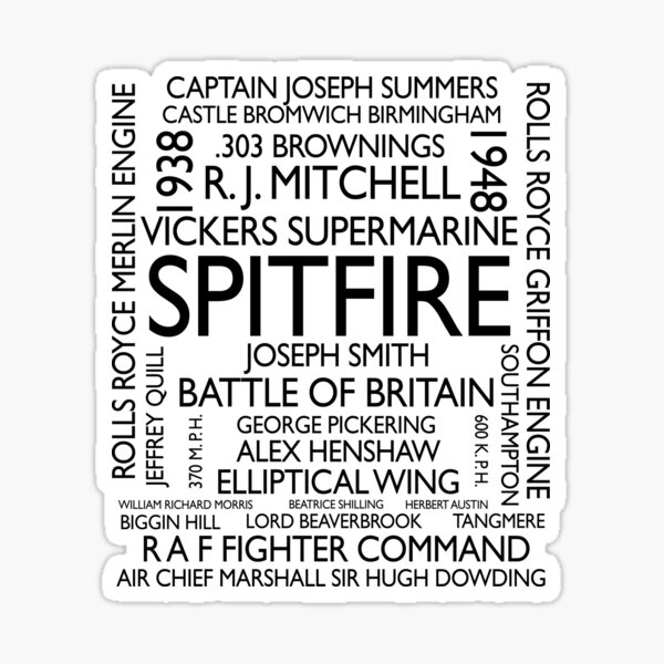 "Spitfire: Word cloud: Great aviation design." Sticker for Sale by ...