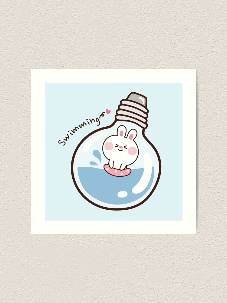 "Summer,Funt time.Tiny rabbit swimming in light bulb hand drawn.Cartoon ...