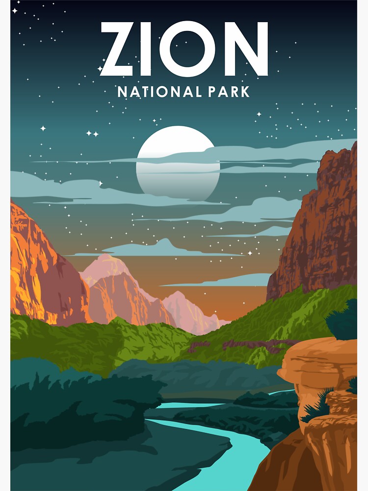 "Zion National Park Night Sky Stars Vintage Travel Poster" Sticker for ...