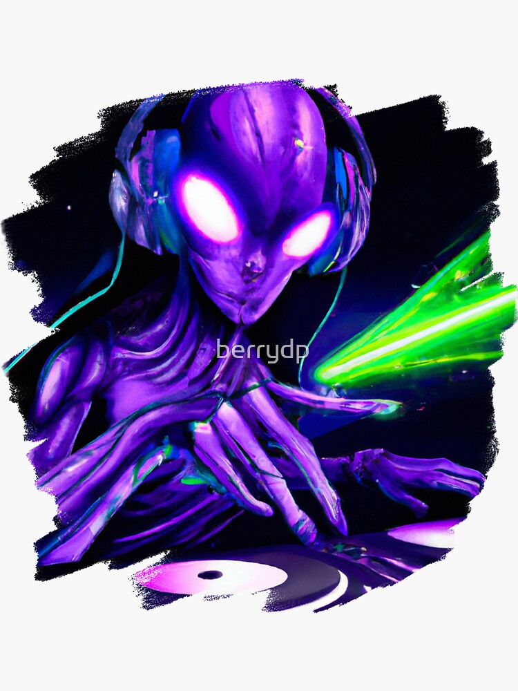 "Alien Cyborg DJ Robot Record Techno Music Cool Aliens" Sticker for ...