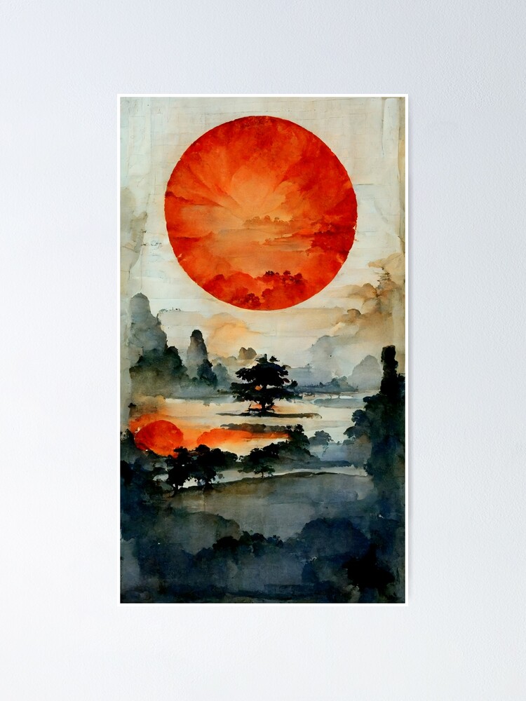 "Rising Sun in a Japanese Landscape | Watercolor art" Poster for Sale ...