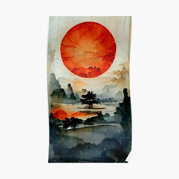 "Rising Sun in a Japanese Landscape | Watercolor art" Poster for Sale ...