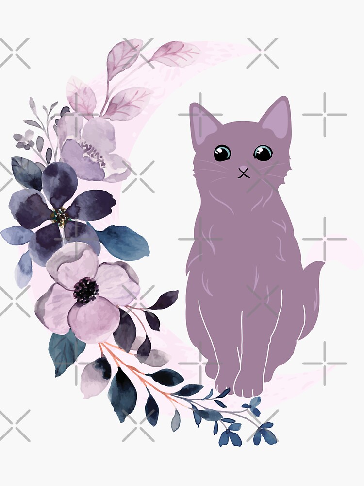 "Purple Cat Flowers Moon" Sticker for Sale by HappyLifeCreate | Redbubble