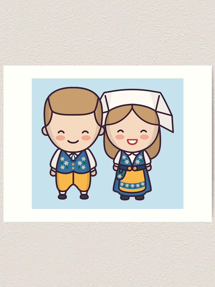 "Kawaii Cute Traditional Swedish Couple Cartoon" Art Print for Sale by ...