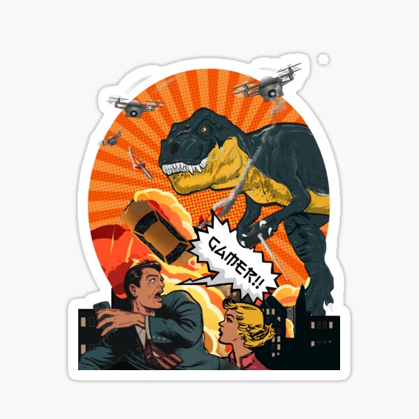 "T. rex gamer has drones funny comic book style " Sticker for Sale by ...