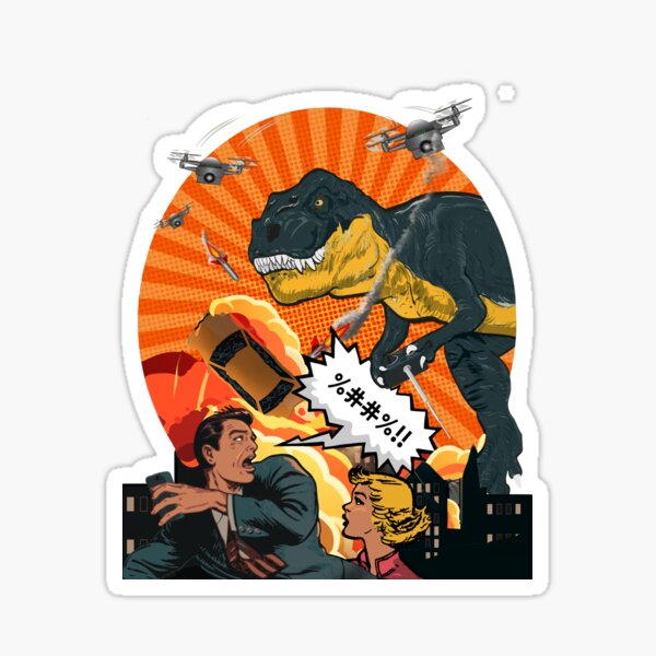 "T. rex drone operator creating mayhem funny comic book style " Sticker ...