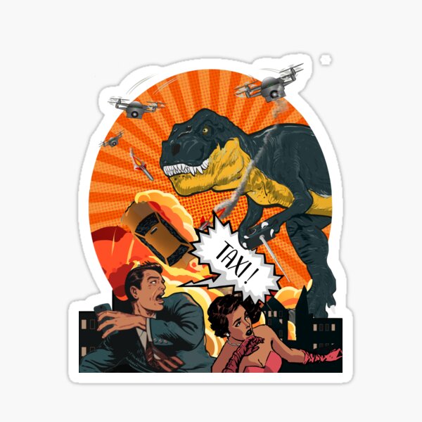 "Calling a cab in the city funny T. rex comic book style " Sticker for ...