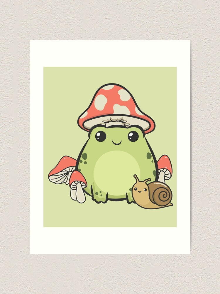 "Cottagecore Cute Kawaii Frog with Mushrooms and Snail" Art Print for ...