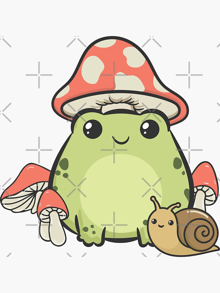 "Cottagecore Cute Kawaii Frog with Mushrooms and Snail" Sticker for ...