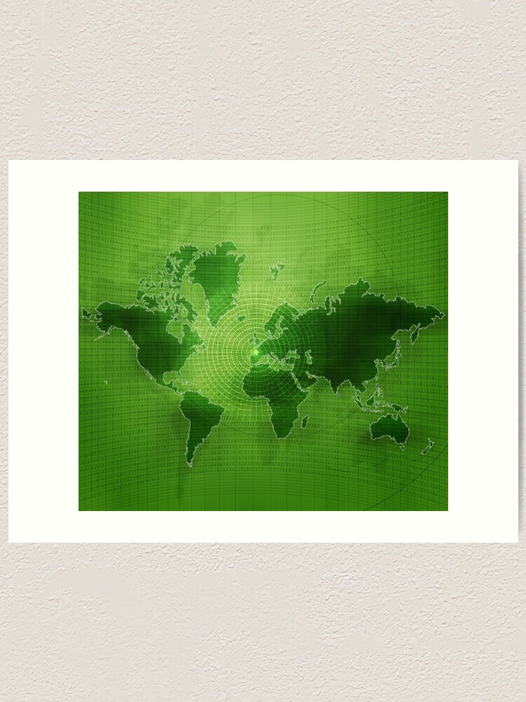 Binary Code World Map The Matrix Neon Geometric Abstract Global Map In Binary Code Art Print
