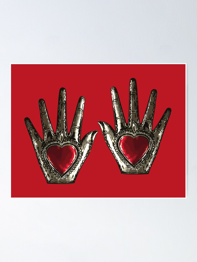 "Mexican folk art tin hands red sacred hearts tin work oaxaca milagrito ...