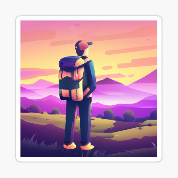 "Backpacker standing with a beautiful landscape background" Sticker for ...