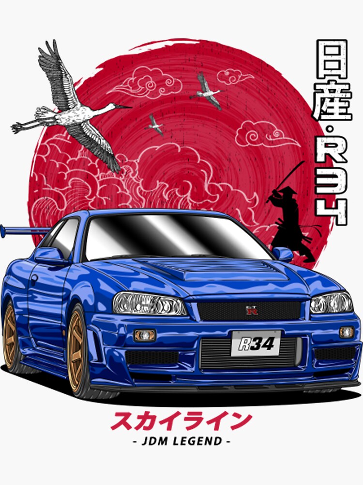 "JDM Nippon Nissan Skyline GT-R R34 T-Shirt" Sticker for Sale by ...