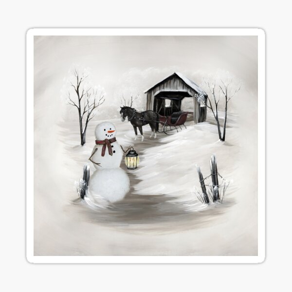 "Snowman and Covered Bridge" Sticker for Sale by mlcreates64 | Redbubble