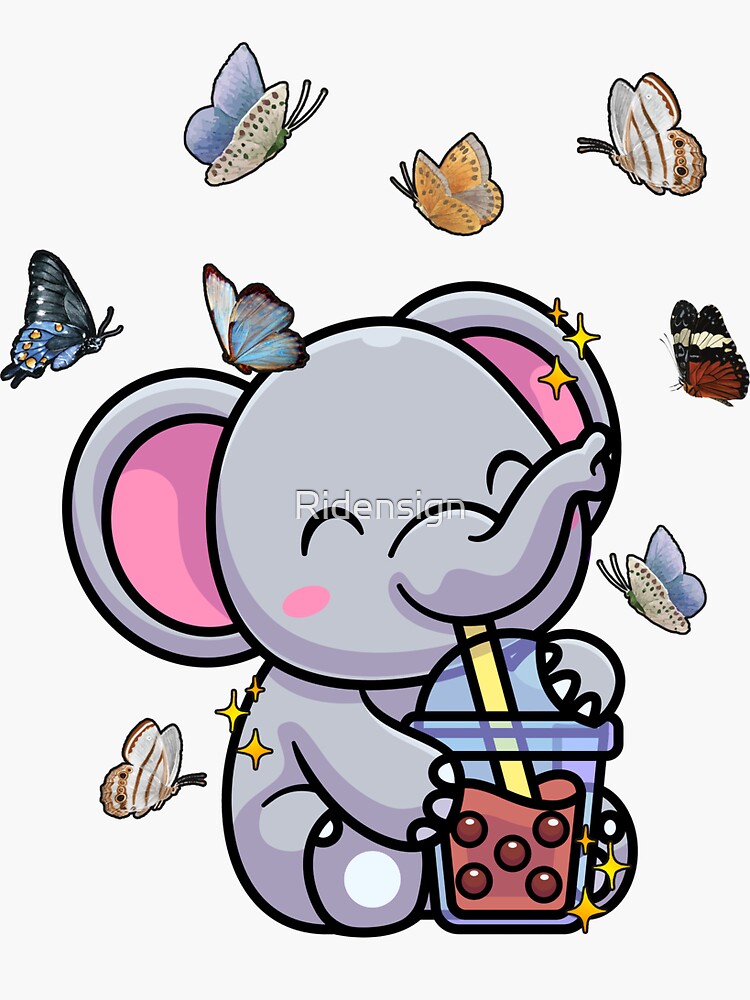 "Happy Baby Elephant drinking boba tea with Butterflies Bubble tea ...
