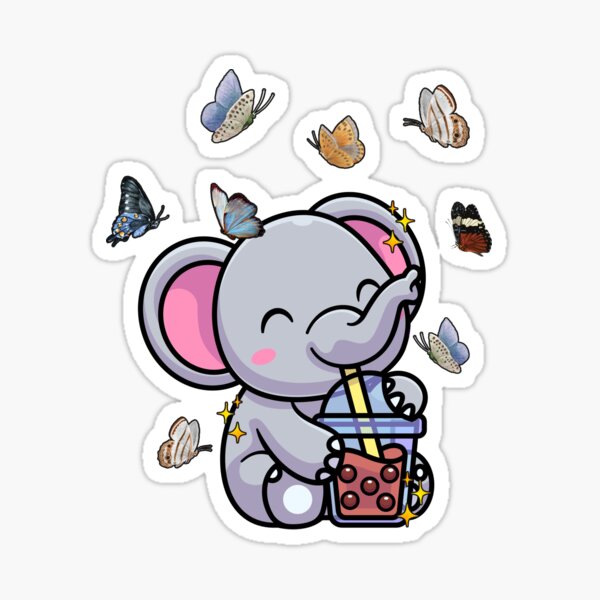 "Happy Baby Elephant drinking boba tea with Butterflies Bubble tea ...