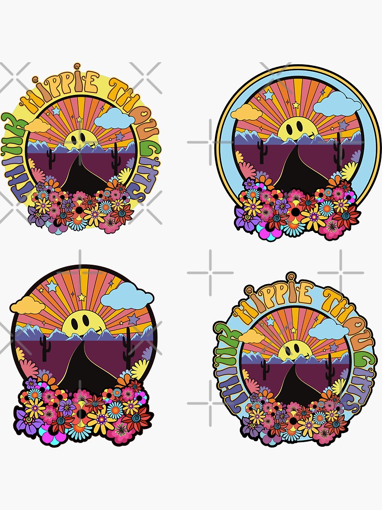 "Think Hippie Thoughts Smiley Sunset Retro Rainbow Peace Slogan ...