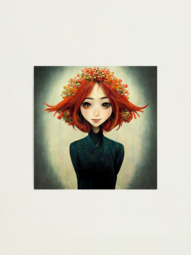 Impression photo « Anime belle femme rousse fleurs dessin animé fille ...