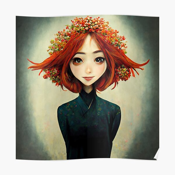 Poster « Anime belle femme rousse fleurs dessin animé fille bande ...