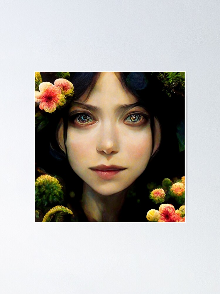 Póster «Anime hermosa morena mujer primer plano dibujos animados flores ... Póster «Anime hermosa morena mujer primer plano dibujos animados flores ...