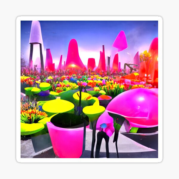 "Alien Garden Flowers - Futuristic landscape at sunset #1" Sticker for ...