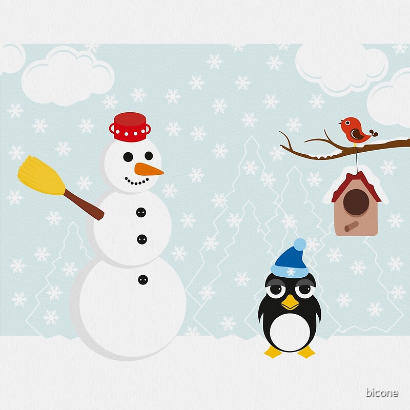 "Snowman and penguin enjoying winter" by bicone | Redbubble