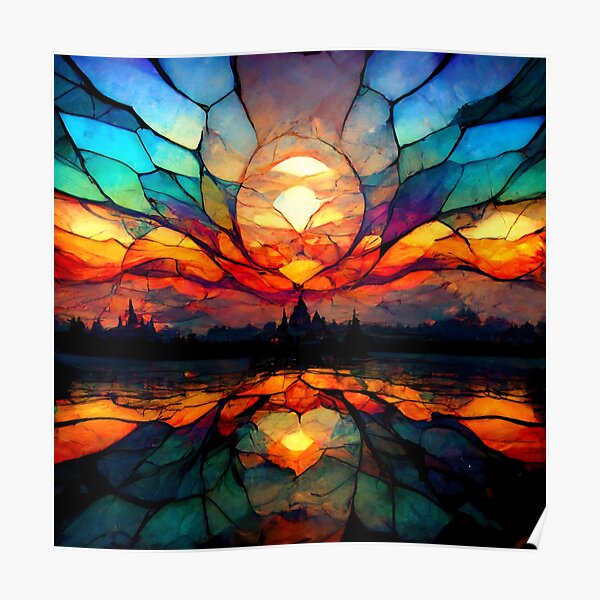 "Stained Glass Sunset Sky Landscape Art" Poster for Sale by ...