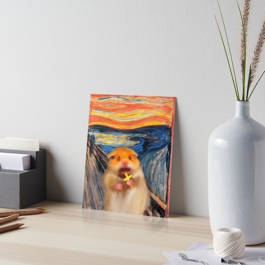 Lámina rígida «Meme de hámster asustado sosteniendo la pintura del grito de la cruz sagrada» de ...