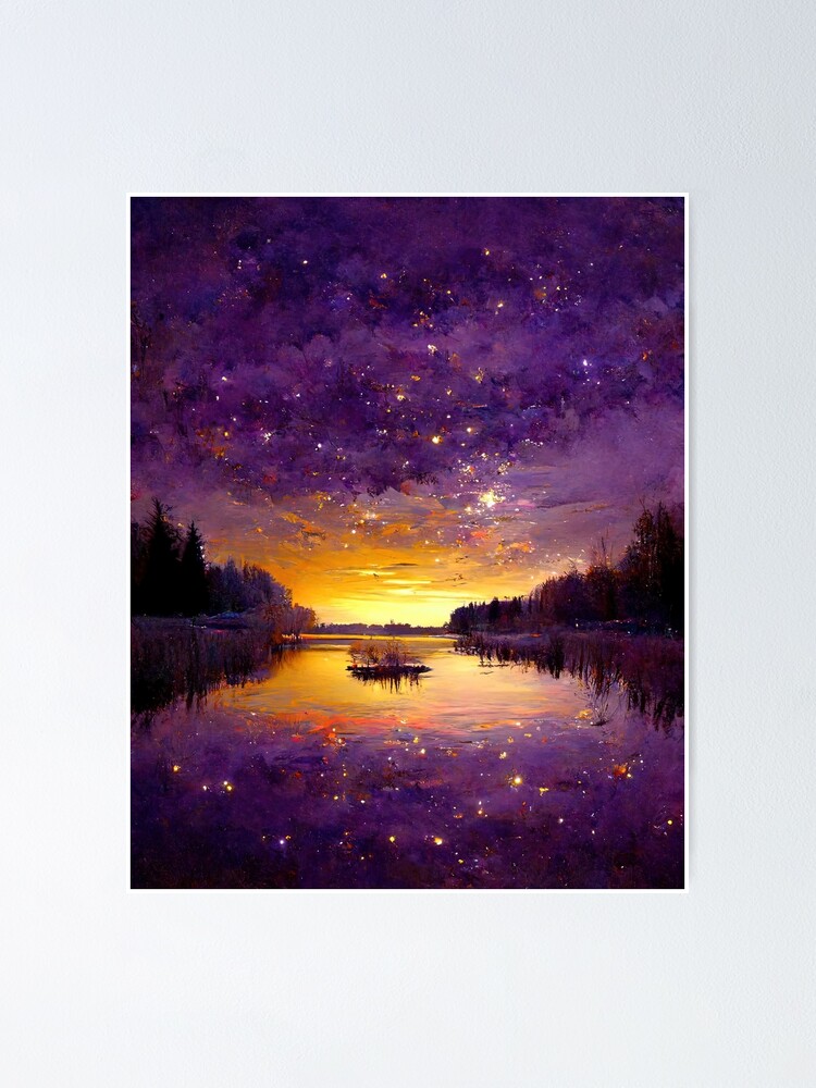 "Midnight Sun Lake Reflections Purple Sky Sunset Stars" Poster for Sale ...