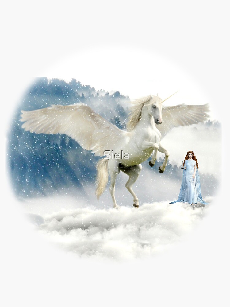 "Unicorn Pegasus and Fairy Princess Mountain Snowy Fantasy" Sticker for ...