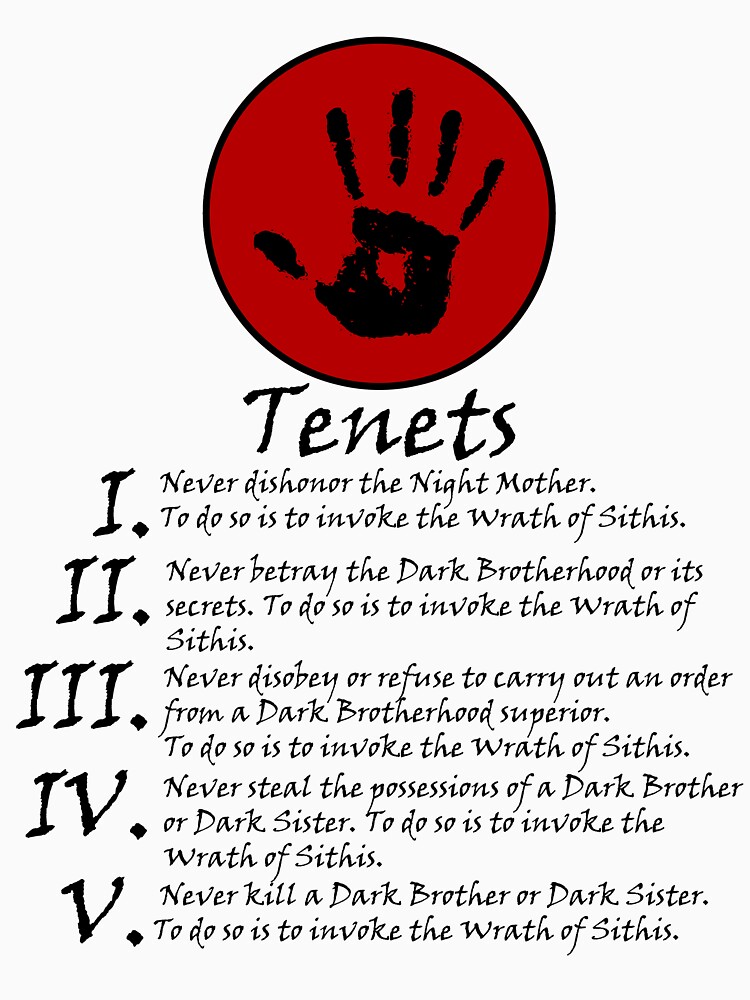 "Dark Brotherhood Tenets Skyrim" T-shirt by Dallino | Redbubble ...