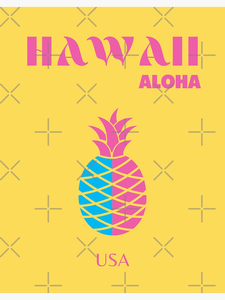 "Hawaii, Aloha, Travel Art, Retro Art, Preppy, Yellow, Pink" Sticker ...