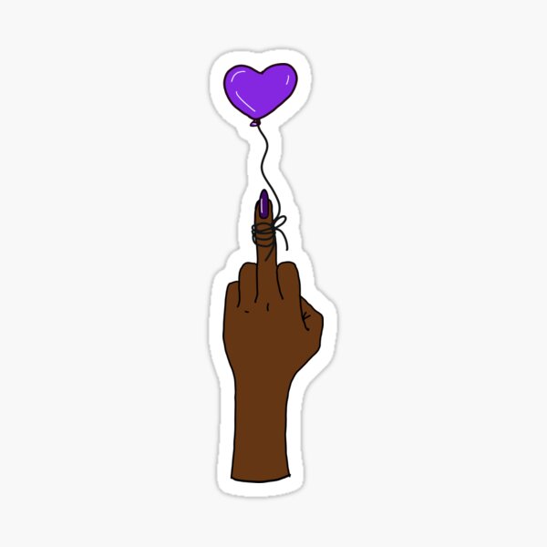 "Middle finger with purple heart balloon with darker skin tone" Sticker ...