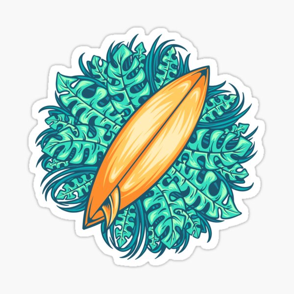 "Surf Board And Aesthetics Leaves Illustration" Sticker for Sale by ...