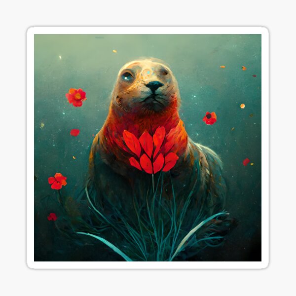 Pegatina «León marino bebé rodeado de amapolas» de GeneratedArt | Redbubble