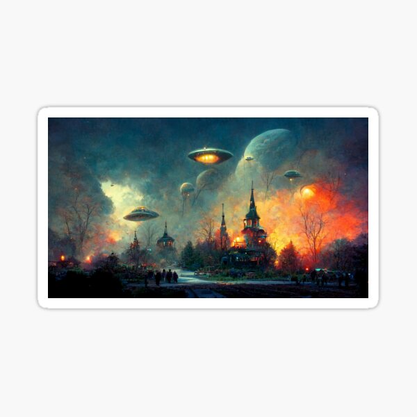 "Thomas kinkade style alien invasion" Sticker for Sale by StoneyPhenix ...