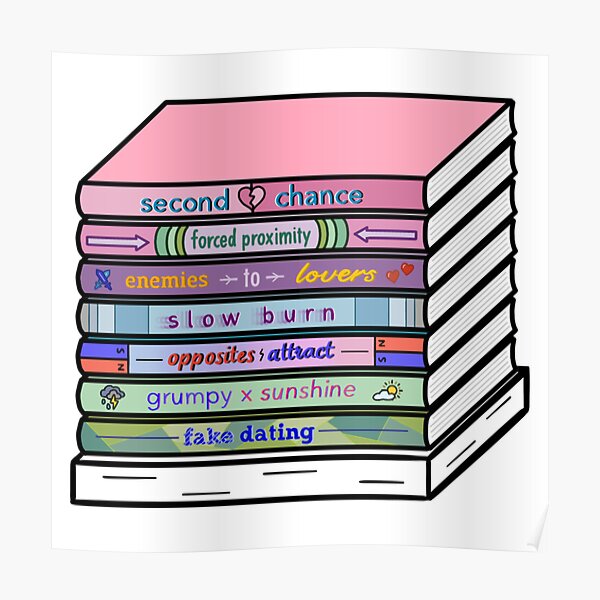 "Book Stack - Romance Tropes" Poster for Sale by bookshelfsketch ...