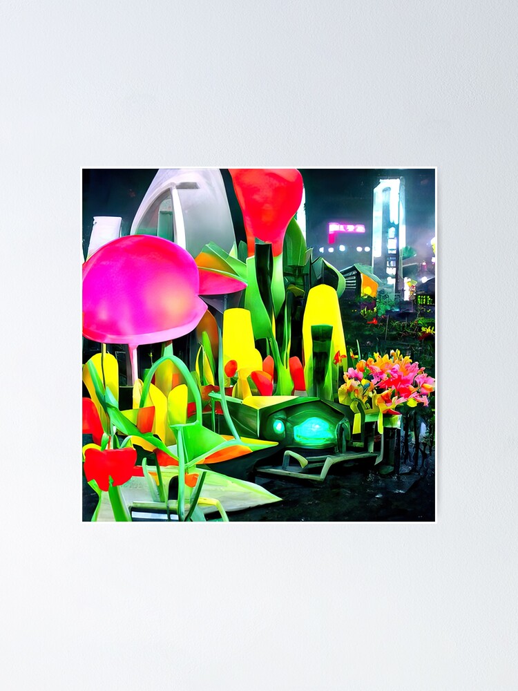 "Alien Garden Flowers - Futuristic garden at night #1" Poster for Sale ...