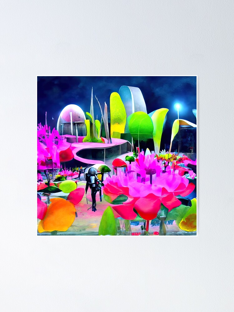 "Alien Garden Flowers - Futuristic garden at night #1" Poster for Sale ...