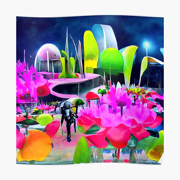 "Alien Garden Flowers - Futuristic garden at night #1" Poster for Sale ...