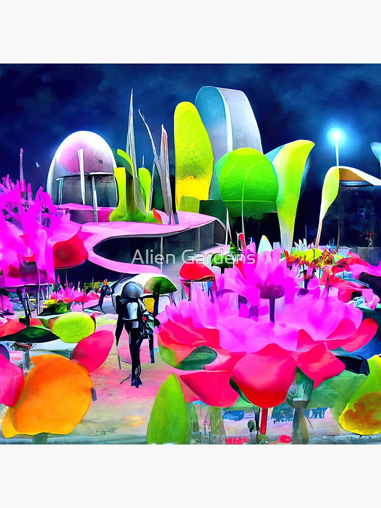 "Alien Garden Flowers - Futuristic garden at night #1" Sticker for Sale ...