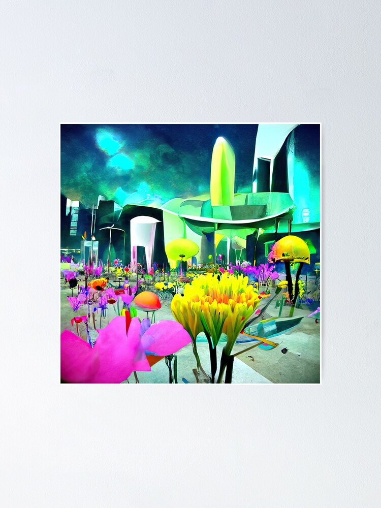 "Alien Garden Flowers - Futuristic garden at night #1" Poster for Sale ...