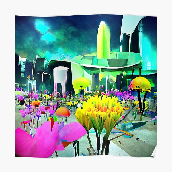 "Alien Garden Flowers - Futuristic garden at night #1" Poster for Sale ...