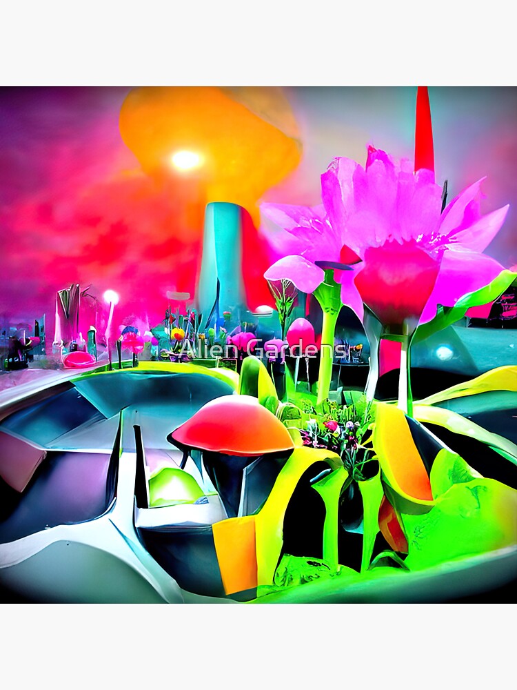 "Alien Garden Flowers - Futuristic garden at sunset #1" Sticker for ...