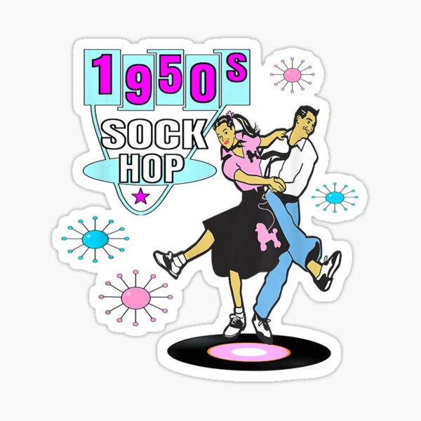 "1950s Sock Hop Dance Couple With Aqua Pink Retro Graphics " Sticker ...